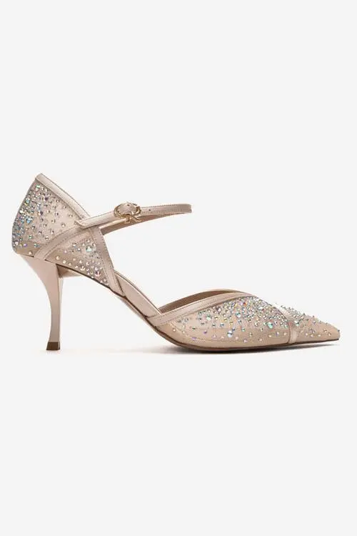 PROLOGUE SHOES Embellished Stiletto Pumps With Ankle Strap - Beige