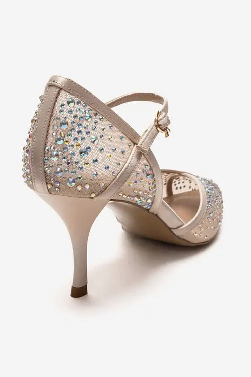 PROLOGUE SHOES Embellished Stiletto Pumps With Ankle Strap - Beige