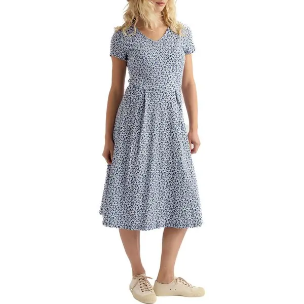 SEASALT CORNWALL Pier View Floral Print Flare Stretch Organic Cotton Dress - Cornflowers Dark Voyage
