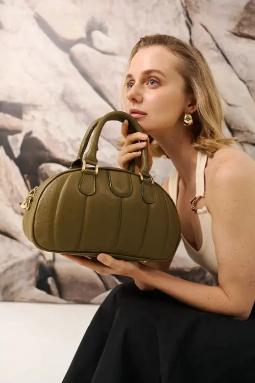 ROSZUAR Ameline Sculptural Italian Leather Top Handle Bag - Olive