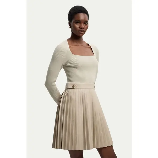 Karen Millen Ribbed Bodice And Pleated Pu Mini Dress - Stone