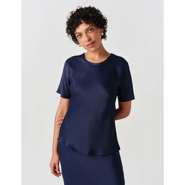 GHOST LONDON Ria Short Sleeve Satin Top - Navy