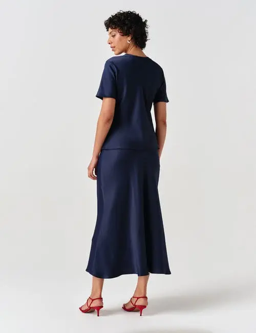 GHOST LONDON Ria Short Sleeve Satin Top - Navy