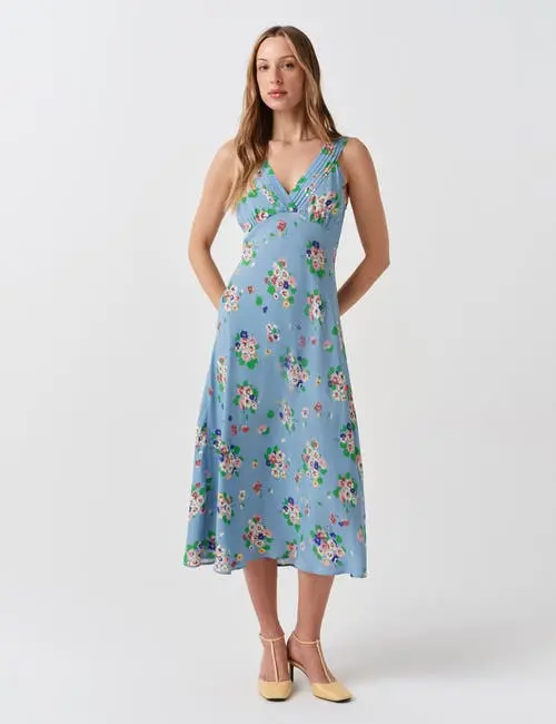 GHOST LONDON Elise Floral Pintuck Crepe Midi Dress - Blue Floral