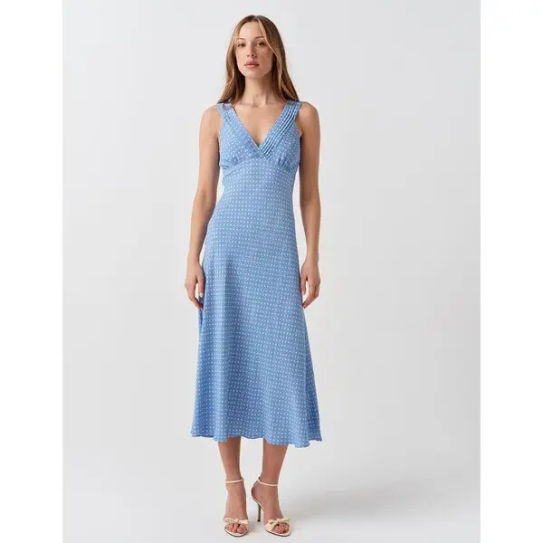 GHOST LONDON Elise Spot Pintuck Crepe Midi Dress - Blue Spot