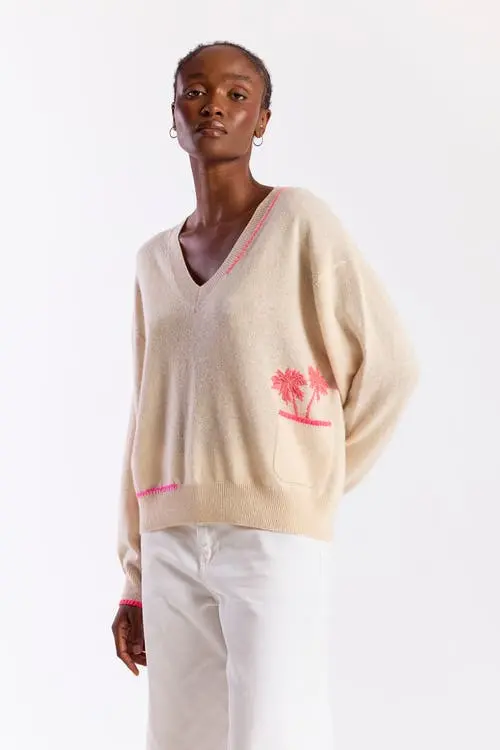BRODIE CASHMERE Palm Pocket 100% Cashmere V-neck Sweater - Lace