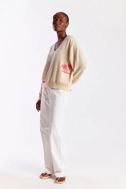 BRODIE CASHMERE V-neck Sweater With Embroidered Palm Pocket