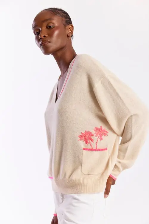 BRODIE CASHMERE V-neck Sweater With Embroidered Palm Pocket