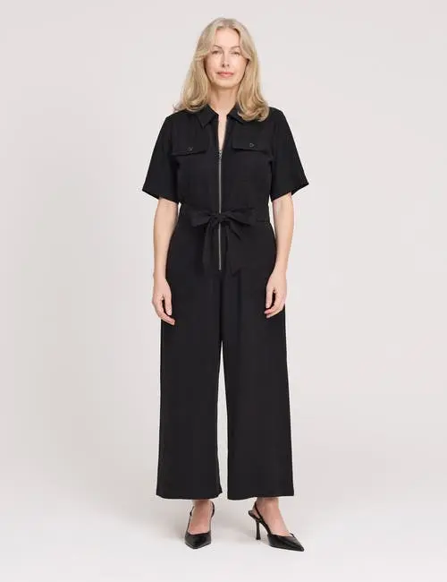 FINERY LONDON Marie Wide Leg Cropped Jumpsuit - Black
