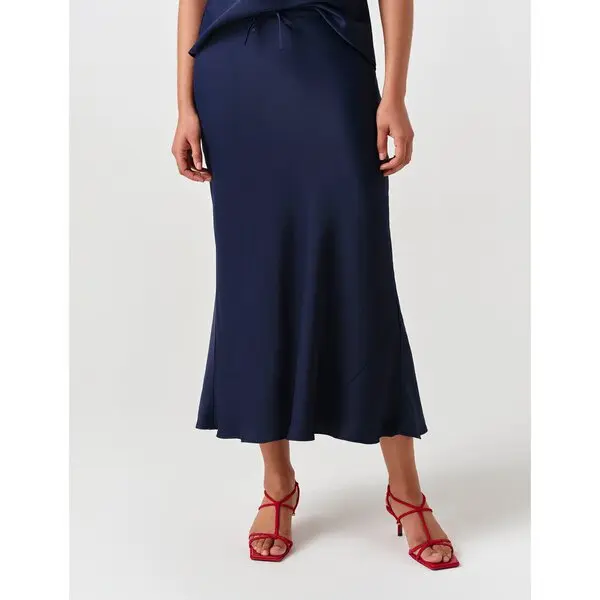GHOST LONDON Dahlia Picot Trim Satin Midi Skirt - Navy
