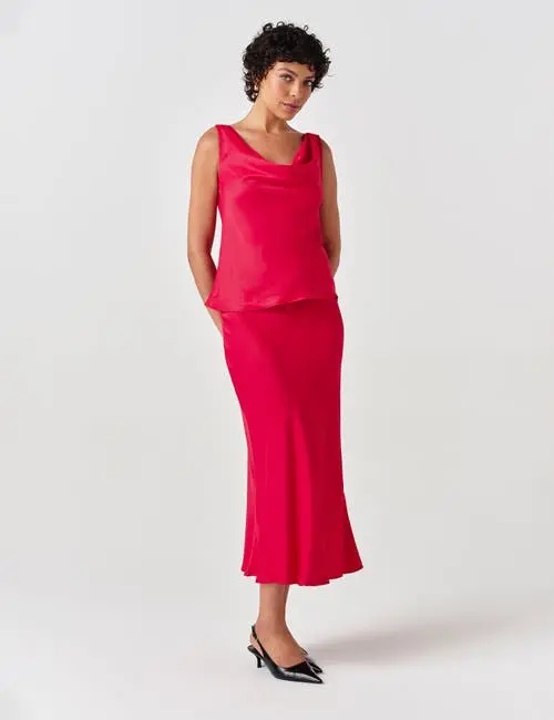 GHOST LONDON Dahlia Picot Trim Satin Midi Skirt - Red