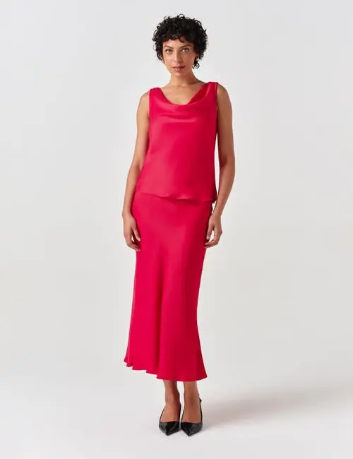 GHOST LONDON Dahlia Picot Trim Satin Midi Skirt - Red
