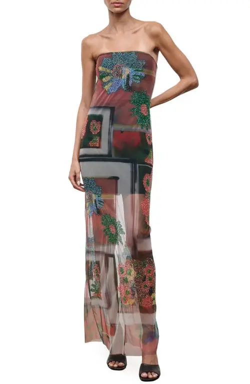Staud Lilian Floral Bead Detail Strapless Mesh Maxi Dress - Superbloom