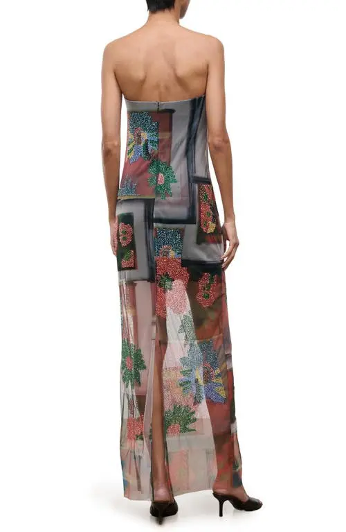 Staud Lilian Floral Bead Detail Strapless Mesh Maxi Dress - Superbloom