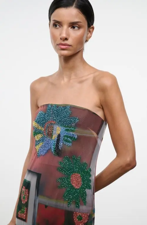 Staud Lilian Floral Bead Detail Strapless Mesh Maxi Dress - Superbloom