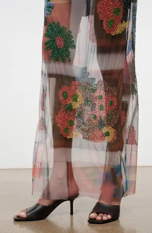 Staud Lilian Floral Bead Detail Strapless Mesh Maxi Dress - Superbloom
