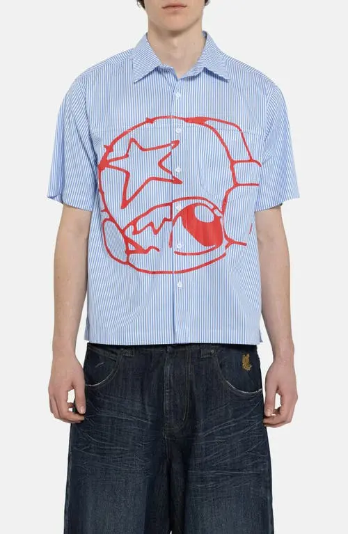 JADED LONDON Poster Stripe Short Sleeve Graphic Button-up Shirt - Blue