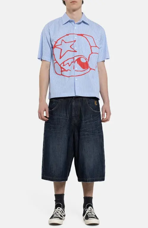 JADED LONDON Poster Stripe Short Sleeve Graphic Button-up Shirt