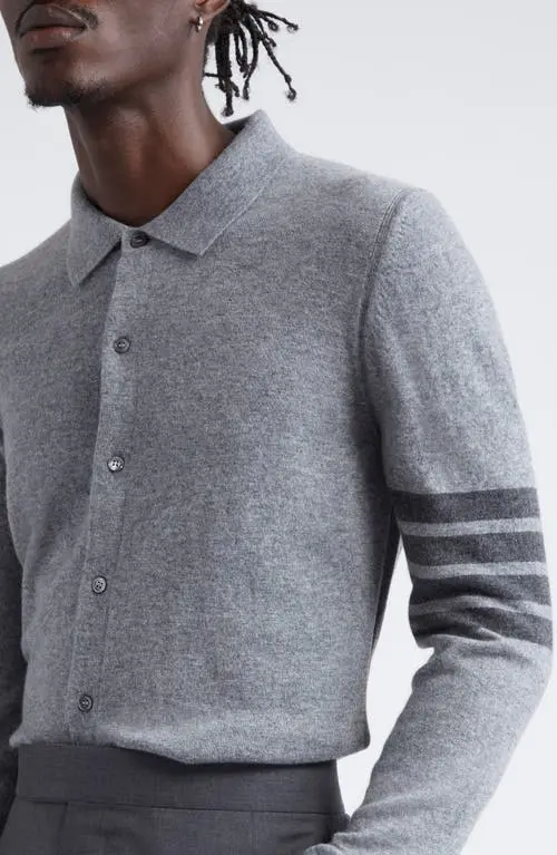 Thom Browne 4-bar Cashmere Polo Cardigan - Light Grey
