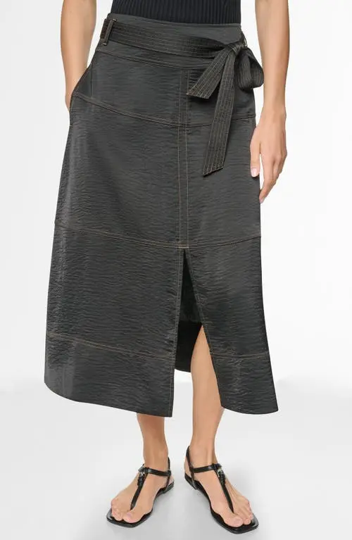 Dkny Tie Waist Contrast Stitch Midi Skirt - Black