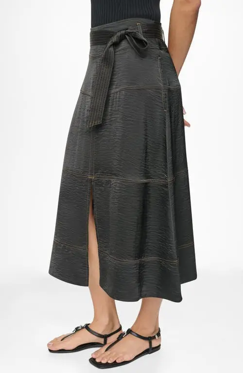 Dkny Tie Waist Midi Skirt With Contrast Stitching - Black