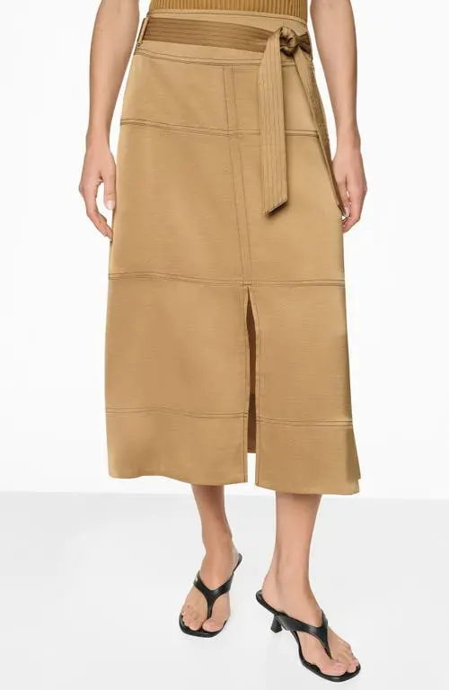 Dkny Tie Waist Contrast Stitch Midi Skirt - Dune