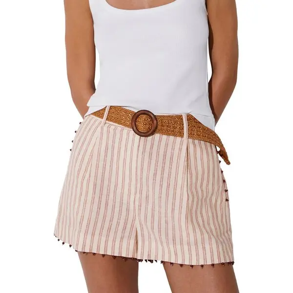 REISS Chloe Beaded Belted Linen Blend Cover-up Shorts - Coral Orange/iv