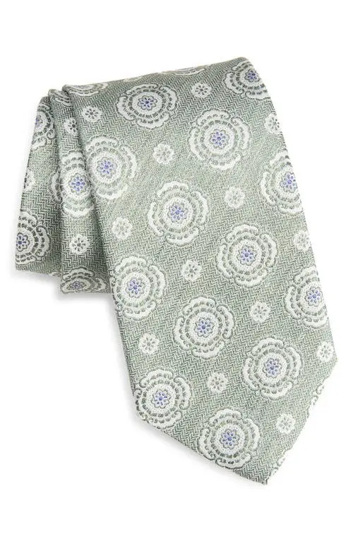 David Donahue Floral Medallion Silk Herringbone Neck Tie - Green