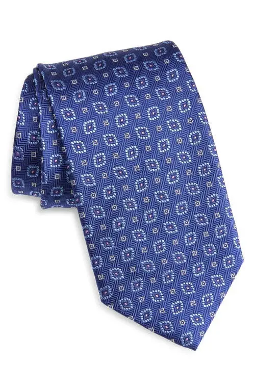 David Donahue Geometric Jacquard Silk Herringbone Tie - Navy
