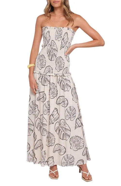 PETAL & PUP Parkway Seashell & Palm Print Smocked Strapless Maxi Dress - Cream Shells