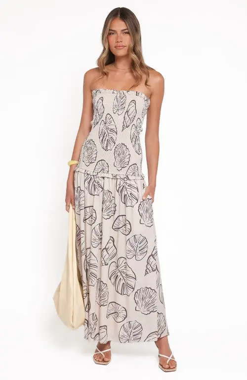 PETAL & PUP Parkway Seashell & Palm Print Smocked Strapless Maxi Dress