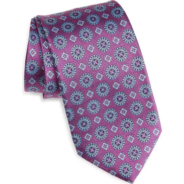 David Donahue Silk Jacquard Medallion Neck Tie - Berry