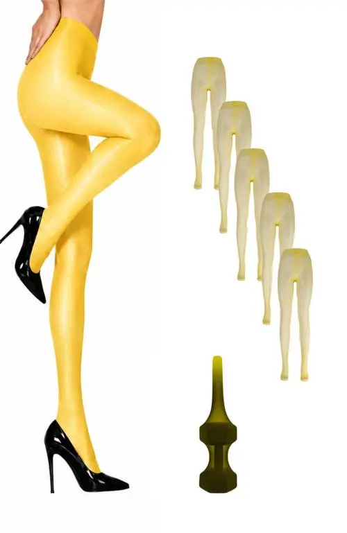 LECHERY® 5-pack Glossy Semi-sheer Opaque Ladder Resistant Tights - Yellow