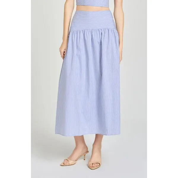 WAYF X Hannah Lovey Porter Georgia Directional Stripe Cotton Blend Midi Skirt - Blue