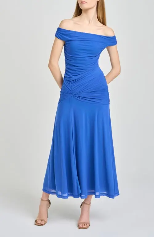 WAYF Off The Shoulder Ruched Midi Dress - Blue