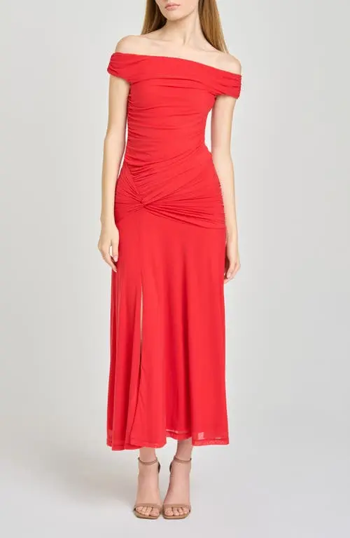 WAYF Off The Shoulder Ruched Midi Dress - Red