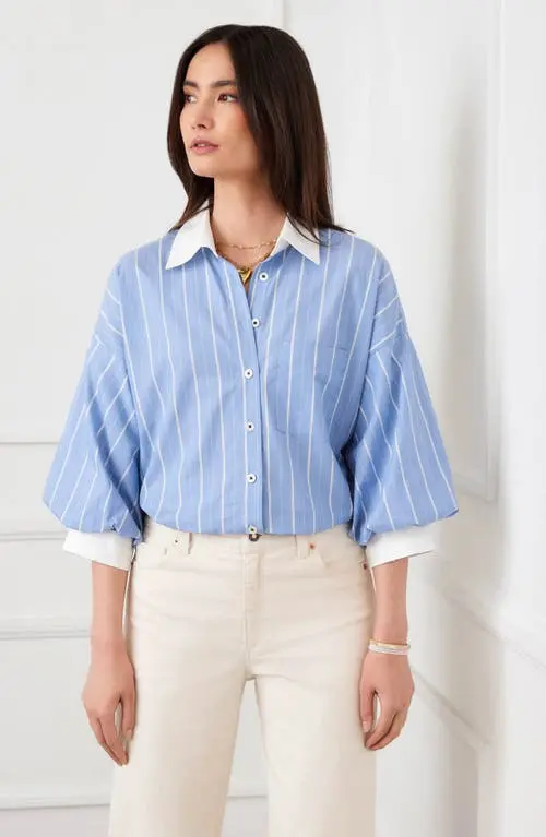 Karen Kane Striped Cotton Shirt With Lantern Sleeves