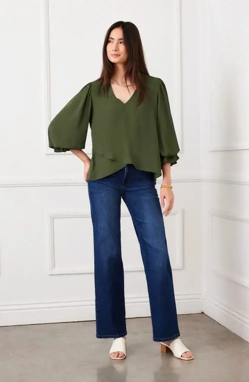Karen Kane Asymmetrical Crossover Hem Top With Voluminous Sleeves - Light Olive
