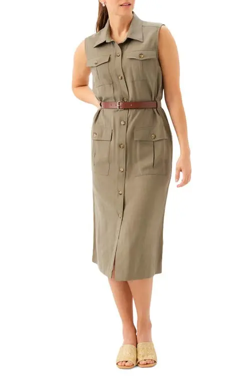 Karen Kane Sleeveless Belted Shirtdress With Patch Pockets - Olive