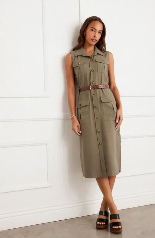 Karen Kane Sleeveless Belted Shirtdress With Patch Pockets