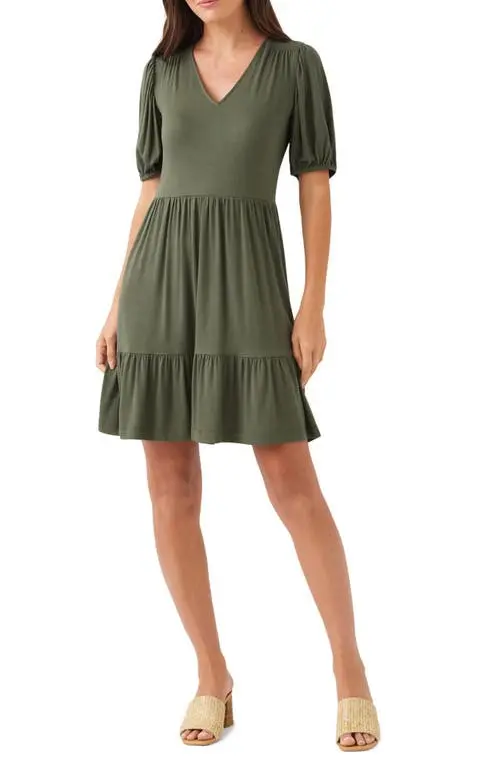 Karen Kane Tiered Puff Sleeve A-line Dress - Olive
