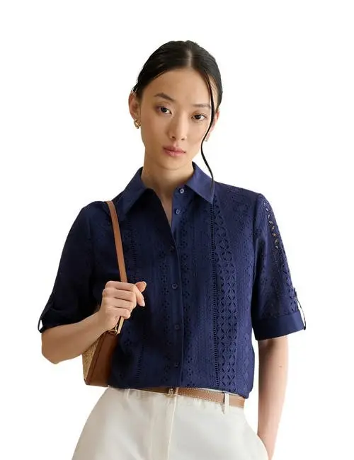 HOBBS LONDON Short Sleeve Embroidered Eyelet Shirt - True Navy