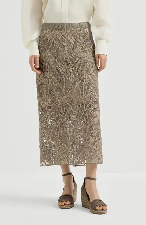 Brunello Cucinelli Linen And Cotton Cacao Leaves Embroidery Skirt - Rope