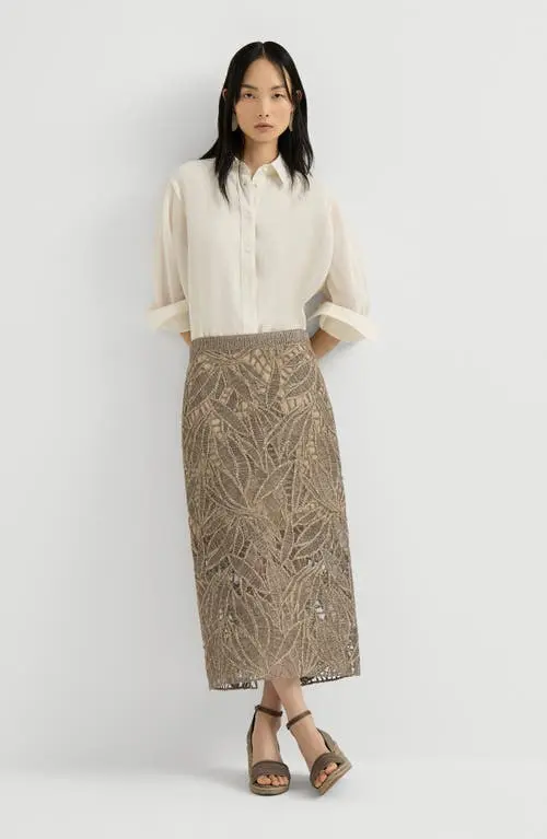 Brunello Cucinelli Linen And Cotton Cacao Leaves Embroidery Skirt - Rope