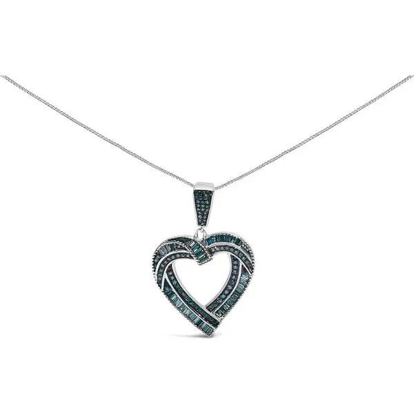 HAUS OF BRILLIANCE 925 Sterling 1.00 Cttw Baguette And Round Blue Diamond Open Heart Pendant Necklace - Silver