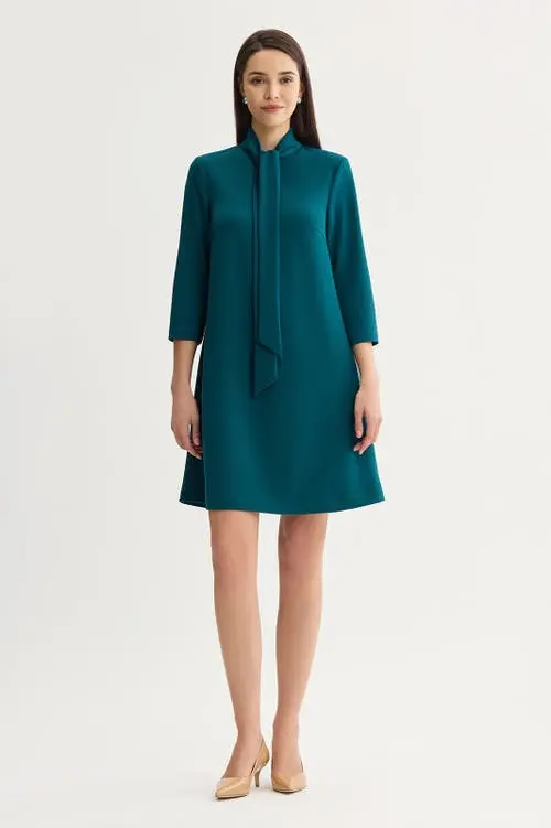 Ming Wang Stretch Deco Crepe Tie Neck Tent Dress - Deep Teal