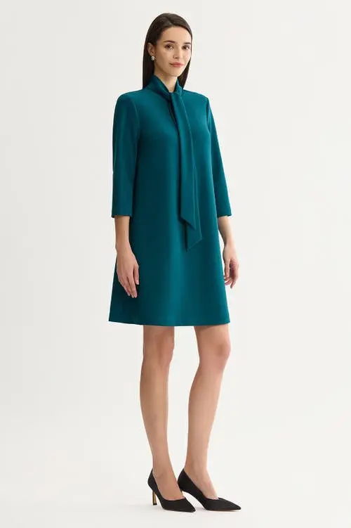 Ming Wang Stretch Deco Crepe Tie Neck Tent Dress - Deep Teal
