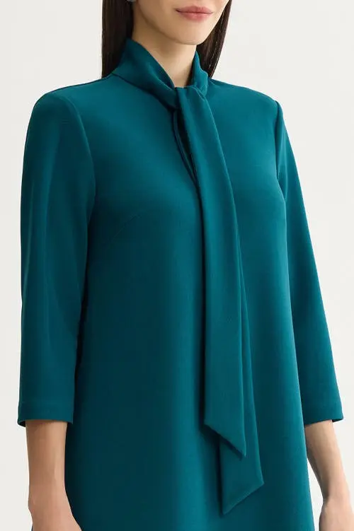 Ming Wang Stretch Deco Crepe Tie Neck Tent Dress - Deep Teal