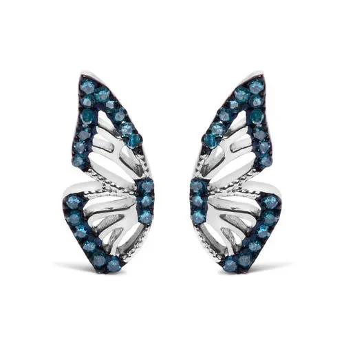 HAUS OF BRILLIANCE Sterling 1/6 Cttw Blue Treated Diamond Butterfly Stud Earrings - Silver