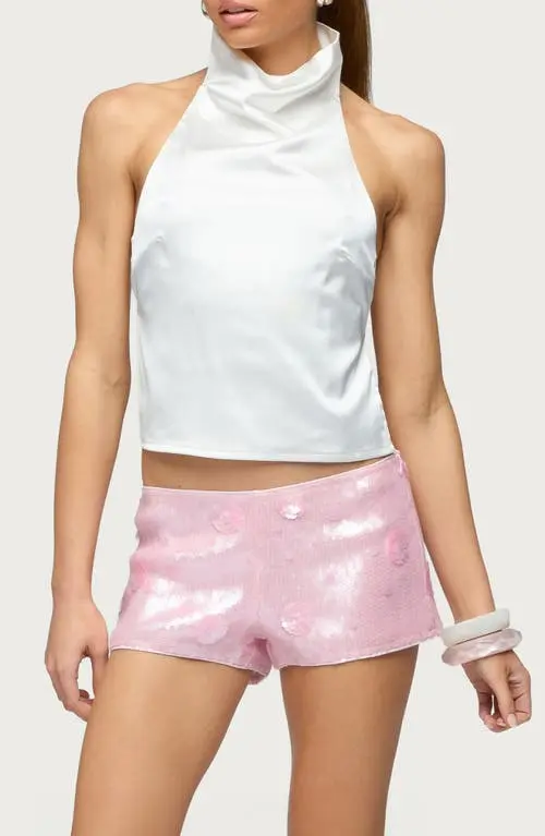 EDIKTED Cowl Neck Backless Satin Crop Top - Cream